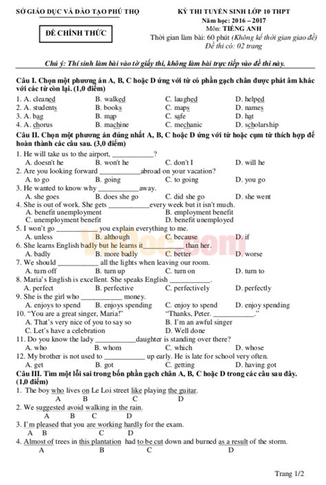 Đáp án đề thi vào lớp 10 môn Tiếng Anh năm 2017 2018 tỉnh Phú Thọ