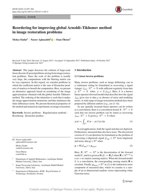 reordering for improving global arnoldi tikhonov method in image restoration problems request pdf