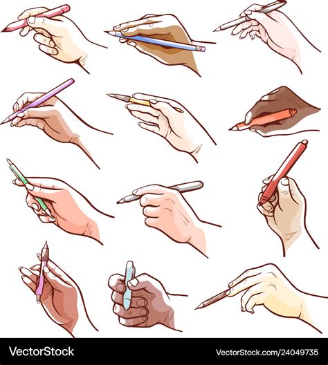 Hands Holding A Pen And Writing Drawing Royalty Free Vector