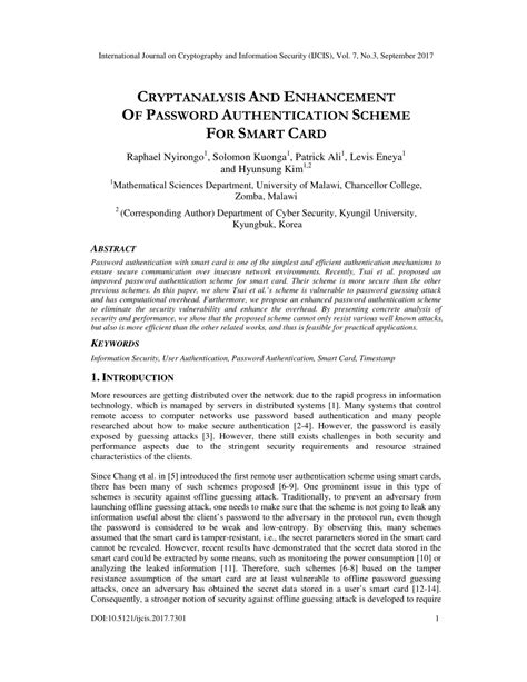 pdf cryptanalysis and enhancement of password authentication scheme for smart card