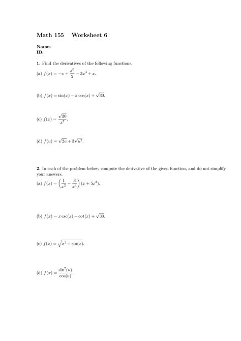 unsolved worksheet 6 calculus i math 155 docsity