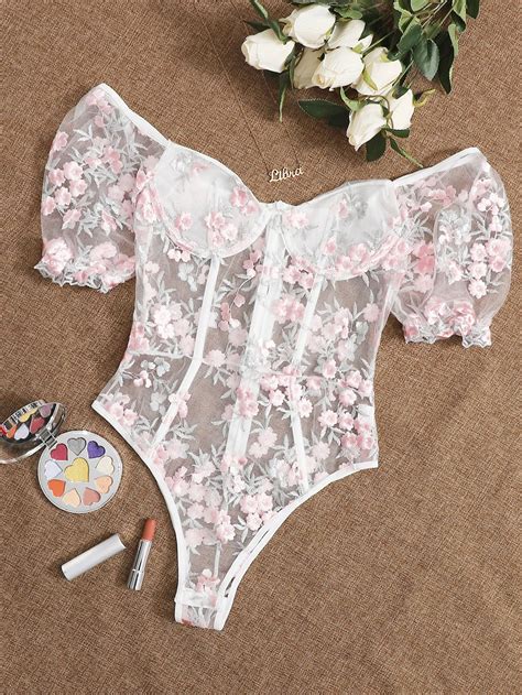 Flower Embroidered Mesh Bustier Bodysuit Artofit