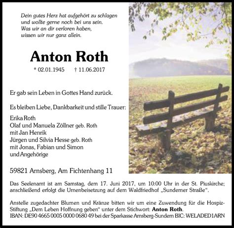 Traueranzeigen Von Anton Roth Trauer In NRW De