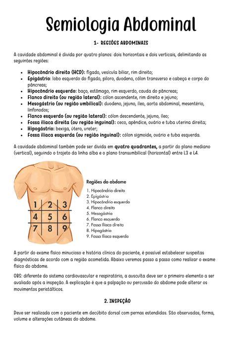 Resumo sobre Semiologia abdominal didático 1 REGIÕES ABDOMINAIS A