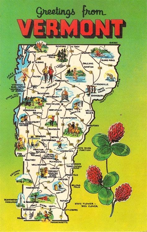 Vermont State Map Vintage Postcard Greetings From Vermont State Map