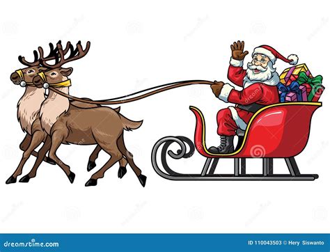 Santa Ride Sleigh Pulled By His Reindeers Over The Night Vector