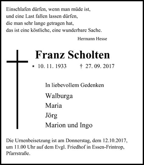 Traueranzeigen Von Franz Scholten Trauer In NRW De