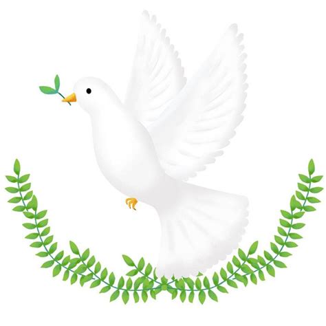 A White Dove With A Green Twig In Its Beak Flying Through The Air And
