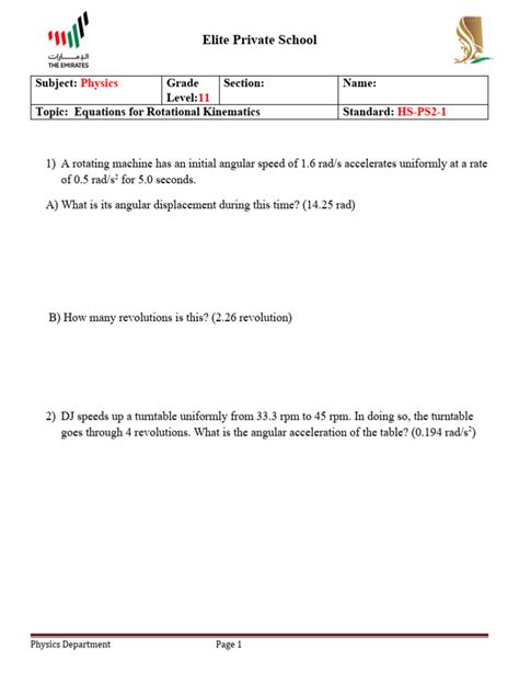 equations for rotational kinematics practice pdf