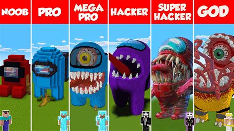 Minecraft AMONG US STATUE HOUSE BUILD CHALLENGE NOOB Vs PRO Vs HACKER