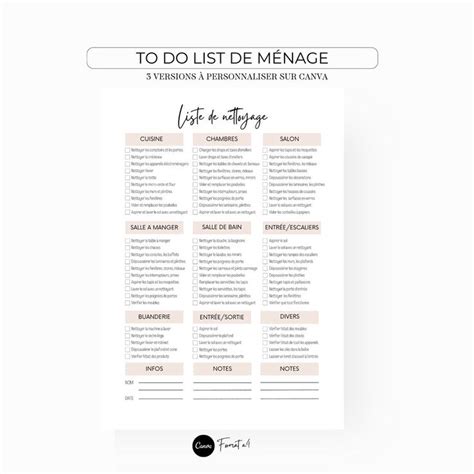 Check list de ménage en français Planning de nettoyage Modèle de ménage