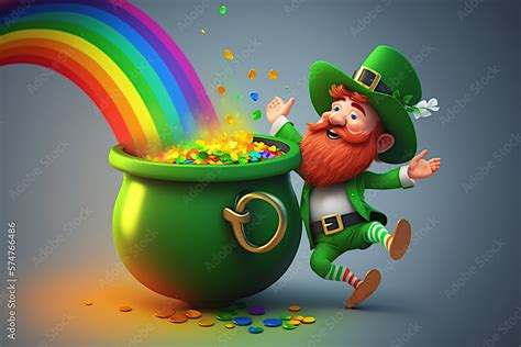 Happy St Patrick S Day Concept With Leprechaun Gold Pot And Rainbow