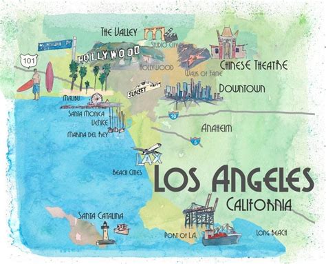 Greater Los Angeles Fine Art Print Retro Vintage Map With Touristic