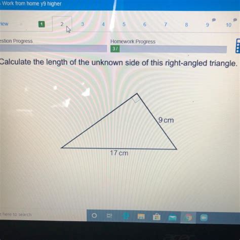 calculate the length of the unknown side of this right angled triangle 9 cm 17 cm