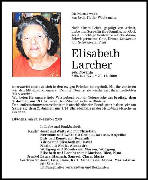 Todesanzeigen Von Elisabeth Larcher Todesanzeigen Vorarlberger
