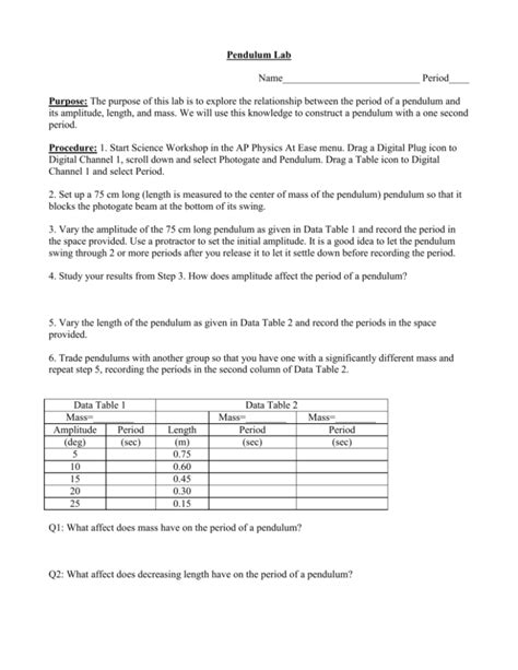 Pendulum Lab Worksheet Answers