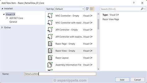 render partial view inside jquery dialog modal popup in aspnet core mvc