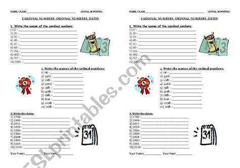 Cardinal Ordinal Numbers Dates Esl Worksheet By Linamarmak