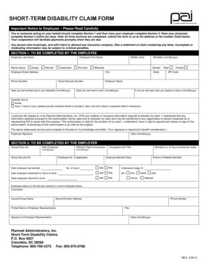Fillable Online SHORT TERM DISABILITY CLAIM FORM PAI Fax Email Print