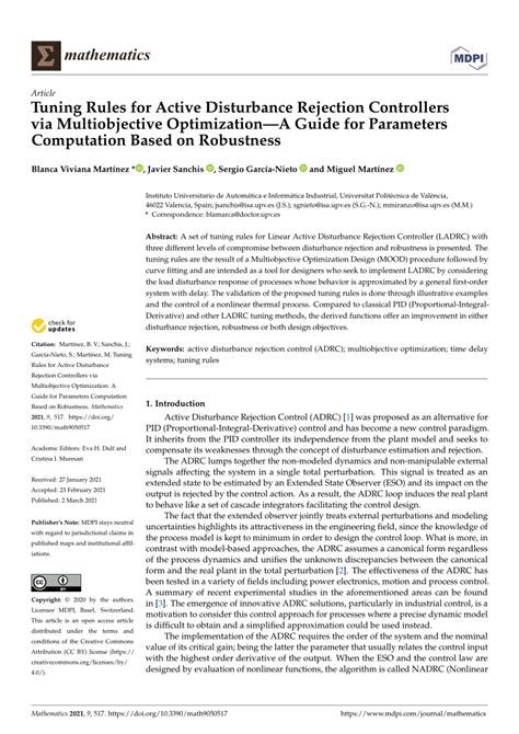 pdf tuning rules for active disturbance rejection controllers via multiobjective optimization