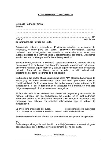 Consentimiento Informado CONSENTIMIENTO INFORMADO Estimado Padre De