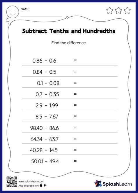Subtract Tenths And Hundredths Horizontal Subtraction Math