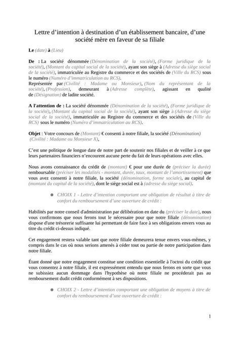 Lettre d intention pour un prêt d une filiale modèle gratuit