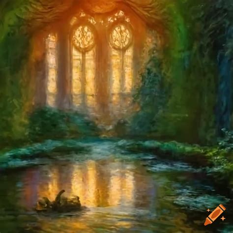 Victorian Garden With Gold Angel Statues And Cathedral Window