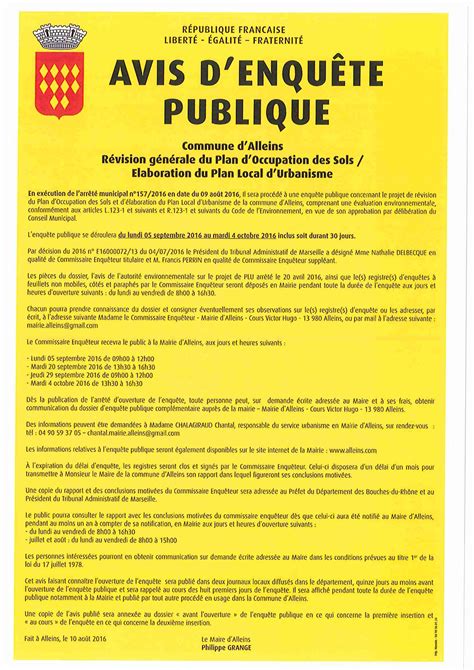 Avis denquête publique projet de mise en révision du Plan d