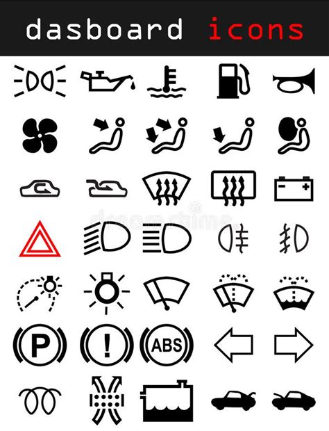 A Set Of Car Dashboard Symbols In Black And White Including Arrows