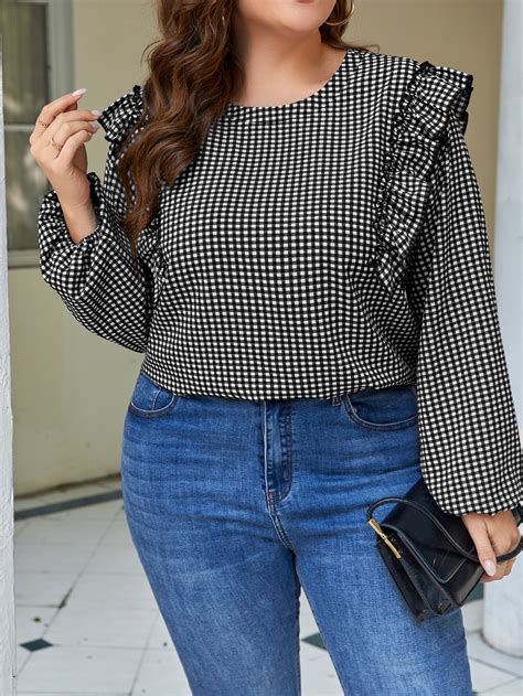 SHEIN Clasi Blusa Con Estampado De Cuadros Ribete Con Fruncido De Manga