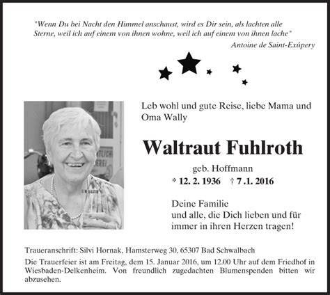 Traueranzeigen Von Waltraut Fuhlroth Vrm Trauer De