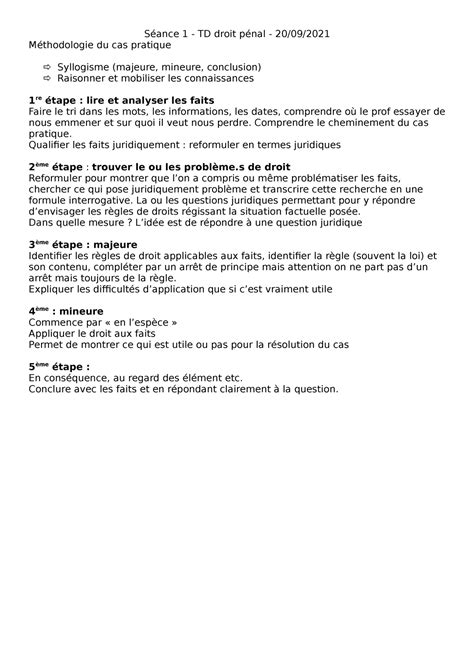 Méthodologie du cas pratique Séance 1 TD droit pénal 20 09