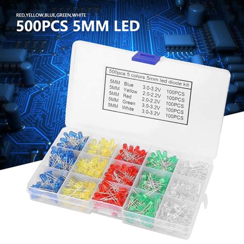500pcs 5mm LED Light Red Yellow Blue Green White Assortment Diodes Kit