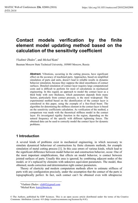 pdf contact models verification by the finite element model updating method based on the