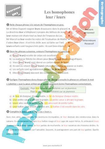 Evaluation avec le corrigé pour le CM2 Les homophones grammaticaux