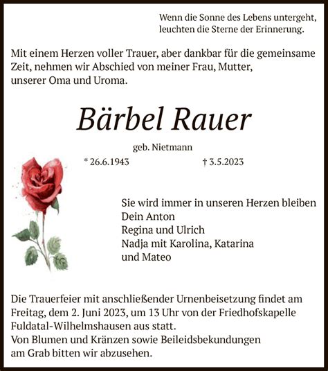 Traueranzeigen von Bärbel Rauer Trauer HNA de