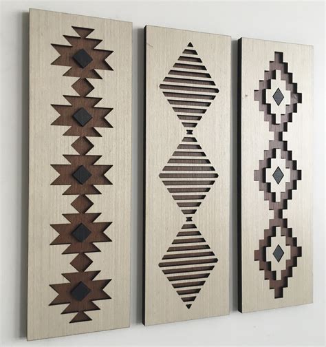 AZTEC GEOMETRIC WOOD WALL ART Set Of 3 Macrame Wall Hanging Boho