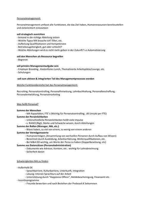 Zusammenfassung HR Personalmanagement Personalmanagement Umfasst