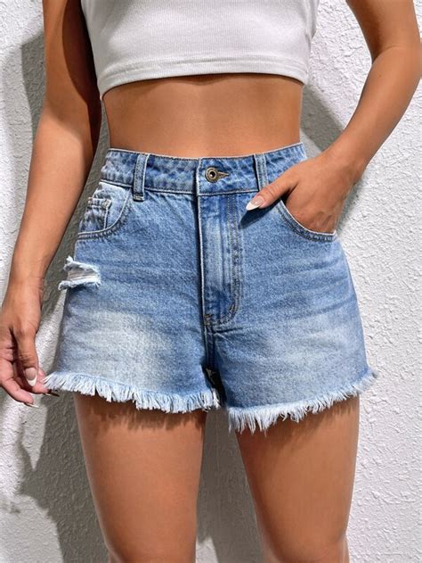 SHEIN EZwear Ripped Raw Hem Denim Shorts SHEIN USA