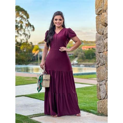 Vestido longo feminino Rodado três Maria malha crepe Moda Evangélica