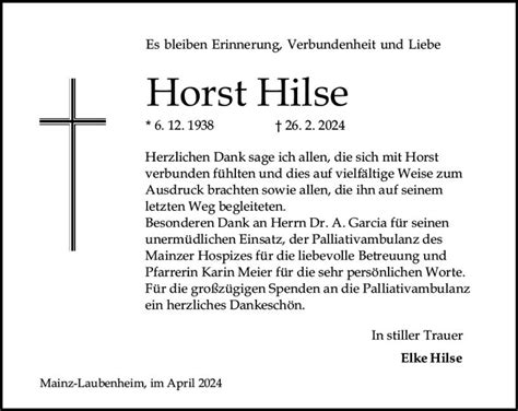 Traueranzeigen Von Horst Hilse Vrm Trauer De