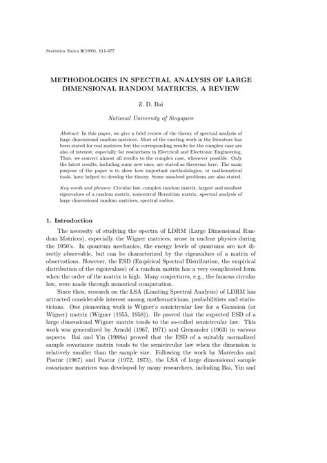 pdf methodologies in spectral analysis of large dimensional random matrices a review