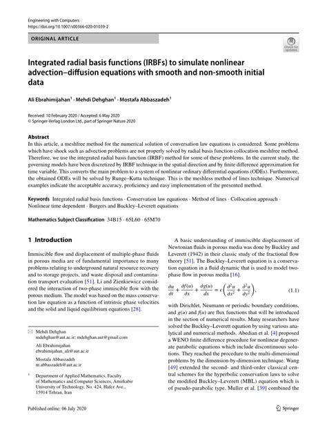 pdf integrated radial basis functions irbfs to simulate nonlinear advection diffusion