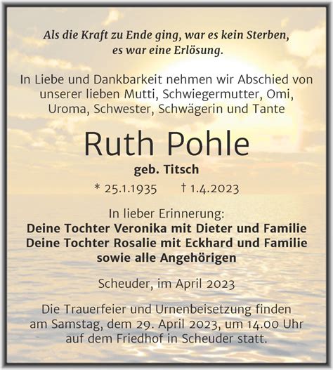 Traueranzeigen Von Ruth Pohle Abschied Nehmen De