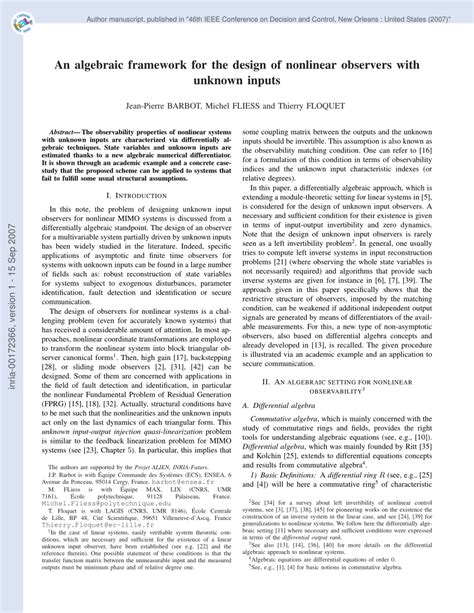 pdf an algebraic framework for the design of nonlinear observers with unknown inputs