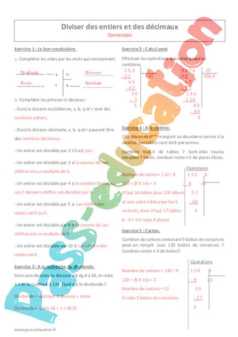 Diviser des entiers et des décimaux 6ème Exercices corrigés PDF à