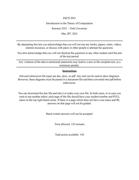 test 1 solution eecs 2001 introduction to the theory of computation summer 2021 york
