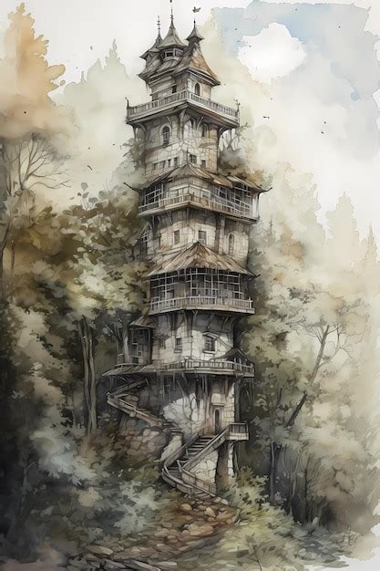 Uma Pintura De Uma Casa Na Floresta Foto Premium