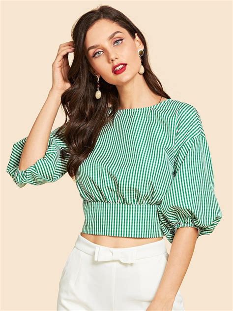 SHEIN Blusa cruzada con estampado de rayas de cuello con cordón